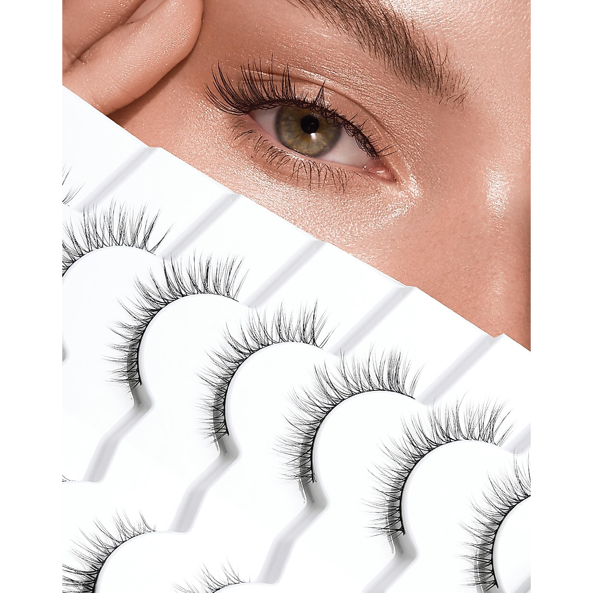 Cat Eye Lashes Natural Look Wispy Foxy Eye Lashes Pack 3D Volume Faux Mink Eyelashes C Curl Thin Band False Eyelashes 9 mm 7 Pairs S6