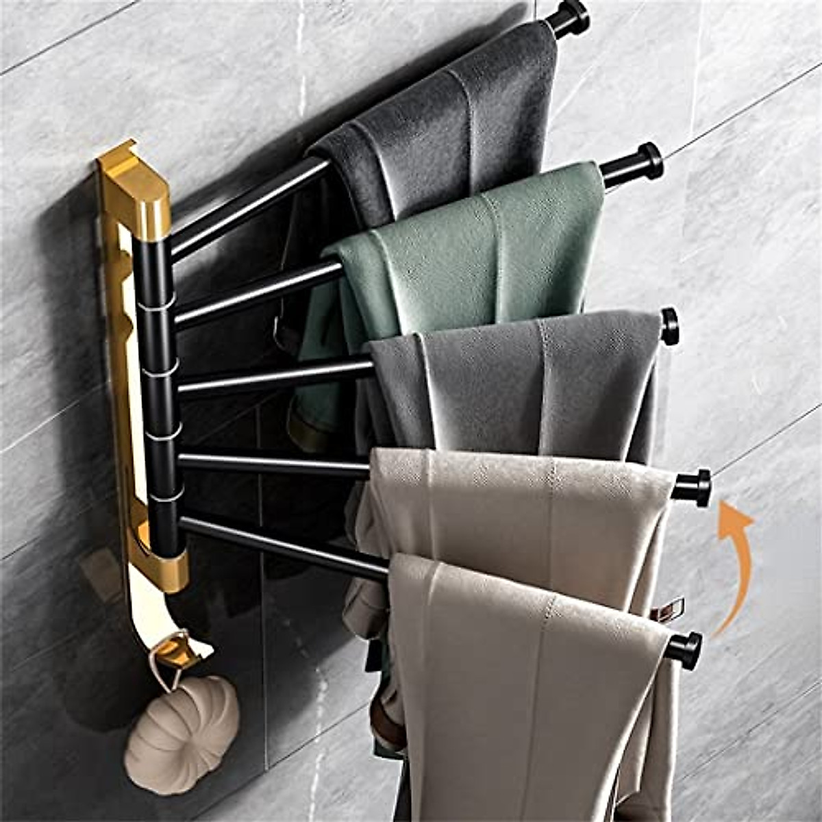 UXZDX Rotary Towel Rack Light Luxury Black Gold Punch-Free Bathroom Aluminium Activity Folding Organizer Shelf Hanging Wall Shelves (Color : 3, Size