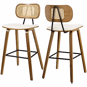 Counter Height Bar Stools Set of 2, Mid Century Modern Counter Stools, 26" Wood Kitchen Stool PU Leather Upholstered Barstool with Rattan Back, Counter Height Island Dining Bar Chair, Cream White