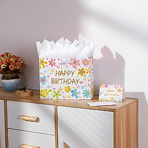 SUNCOLOR 13" Large Birthday Gift Bags with Tissue Paper and Card(Flowers)