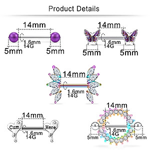 Cisyozi 14G Nipple Piercing Jewelry Nipple Rings for Women Purple Stainless Surgical Steel Nipple Shield Nipplerings Ring Barbell Bar Body Piercing Jewelry for Women 14mm