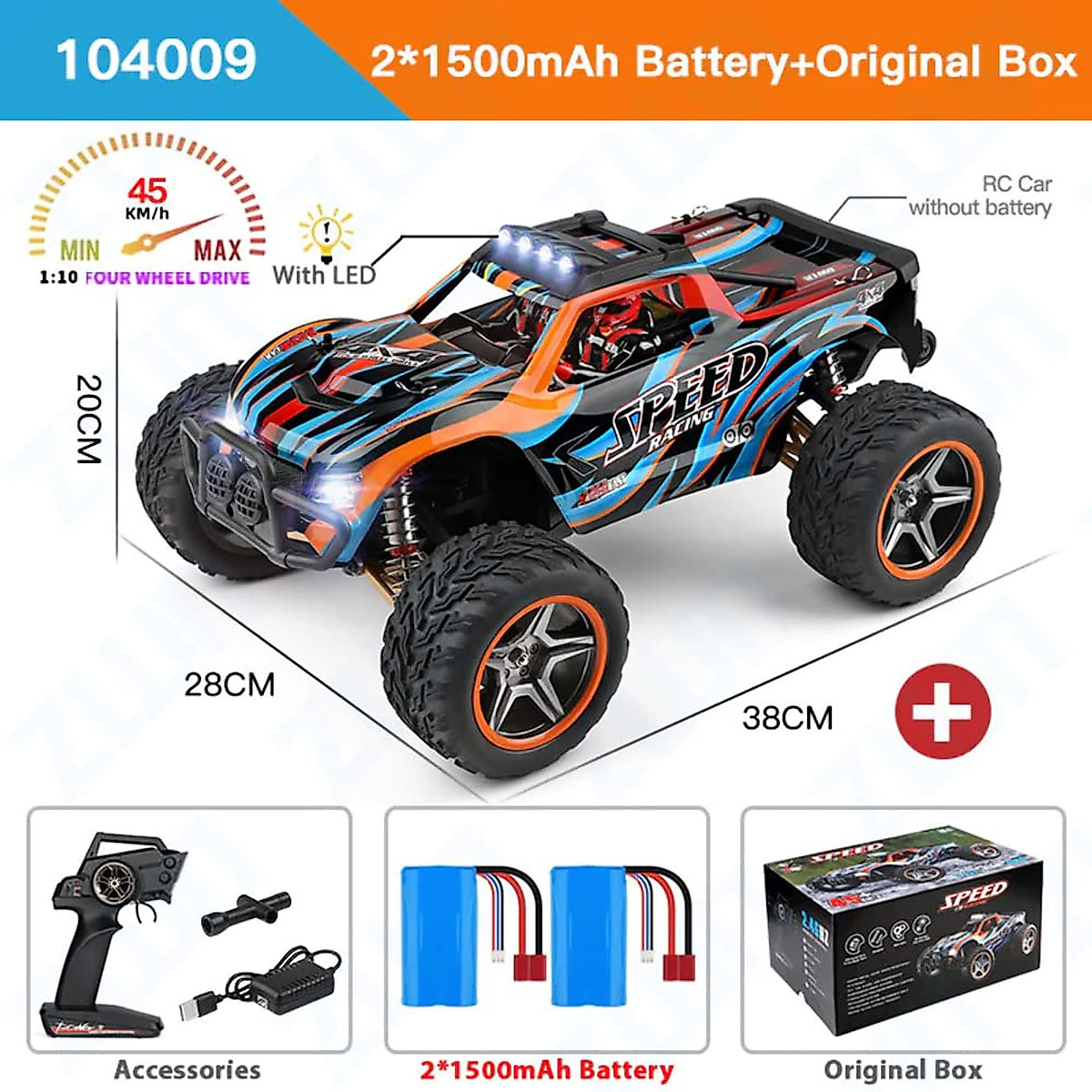 WLtoys 104009 1:10 2.4G Racing Remote Control Car 45KM/H 4WD Large Alloy Electric Remote Control Crawler Children's Toy 104009 1Battery