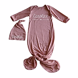 Silky Knotted Baby Gown with Personalized Matching Silky Knotted Hat, Unisex, Boys, & Girls, Infant Sleeper-Personalized with Name-Heart and Arrow (0-3 months, Silky Dusty Rose)
