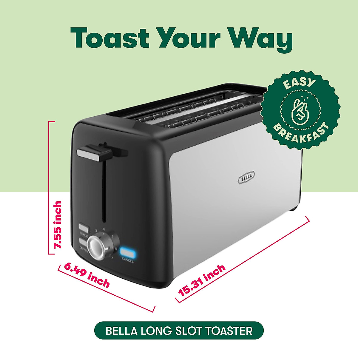 BELLA 4 Slice Toaster, Long Slot & Removable Crumb Tray, 7 Shading Options with Auto Shut Off, Cancel & Reheat Button, Toast Bread & Bagel, Stainless Steel & Black
