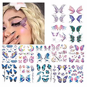 14 Sheets Glitter Butterfly Temporary Tattoos Sticker for Women Girls Eye Face Makeup Decoration, Flash Fairy Wings Body Art Shiny Butterflies Waterproof Fake Tattoos for Festival Party Eye Decor