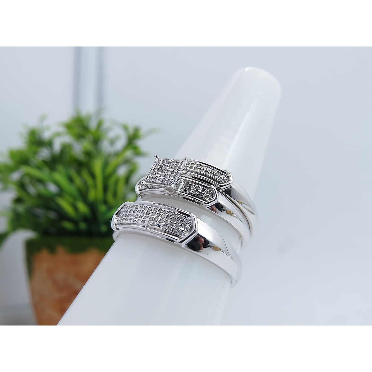 Dazzlingrock Collection 0.30 Carat (ctw) Round White Diamond Square Framed Wedding Trio Ring Set in 925 Sterling Silver, Women size 7 & Men size 7