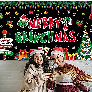 JKQ Merry Grinchmas Backdrop Banner 73 x 43 Inch Large Size Christmas Background Banner Xmas Party Decorations Christmas Holiday Baby Shower Birthday Indoor Outdoor Photo Booth Props