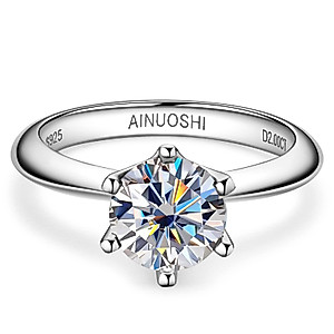 AINUOSHI Sterling Silver Moissanite Ring, 2.0ct Round Cut Wedding Ring, D-E Color Grade, Perfect for Wedding, Engagement Proposal and Anniversary.