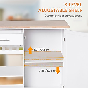 HOMCOM Rolling Kitchen Island with Storage, Kitchen Cart with Solid Wood Countertop, Drawer, Adjustable Shelf and Wine Rack, White