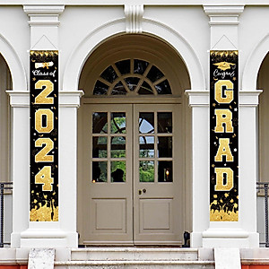 2024 Graduation Party Decorations - Green Gold Class of 2024 Congrats Grad Porch Sign Banner Hanging Flag Graduation Party Supplies for School College Classroom Decor