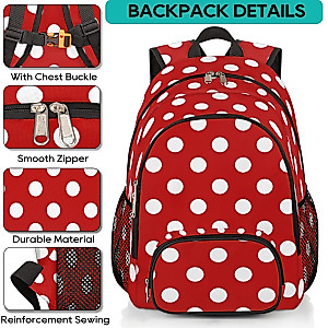 Elementary School Bags for Teens, Red White Polka Dot Kids Backpacks Polka Dot Lightweight Bookbags Waterproof Sturdy Schoolbag Daypack for Girls Boys