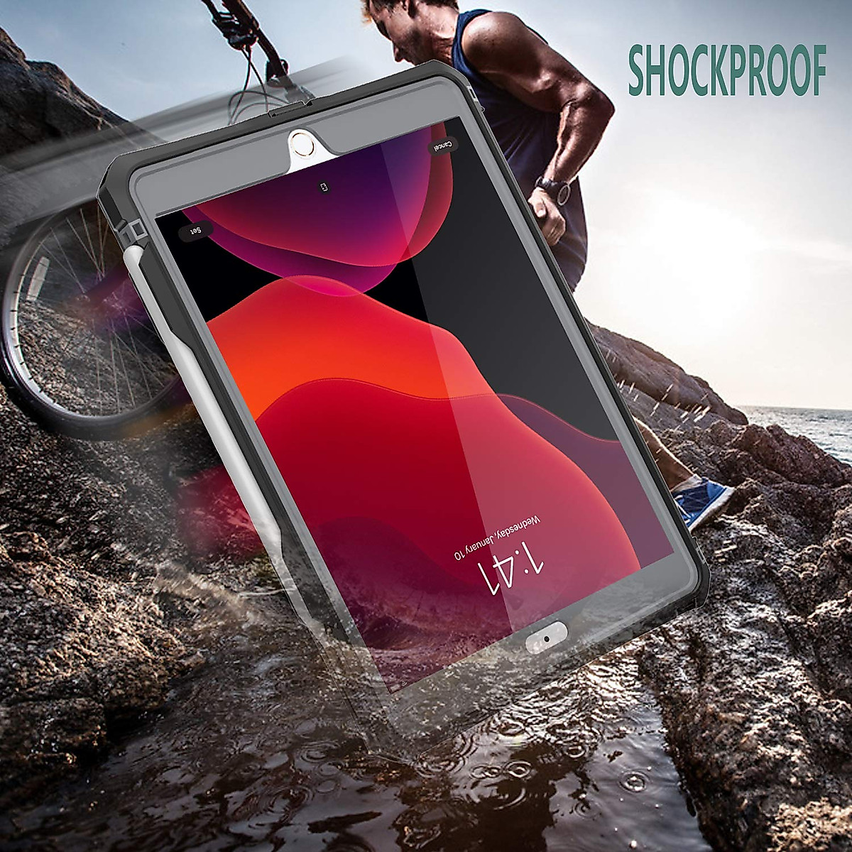 FXXXLTF iPad Case, Waterproof Full Body Cover for iPad 10.2 inch 2021 (Black), Compatible with 7th/8th/9th Gen, Protective with Pencil Holder, Anti-Scratch, Shockproof, IP68