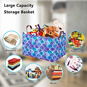 Funnewban Mermaid Storage Bin Basket Collapsible with Leather Handles Waterproof Canvas Storage Cube Box for Closet Toys Clothes Nursery Room Gift Basket