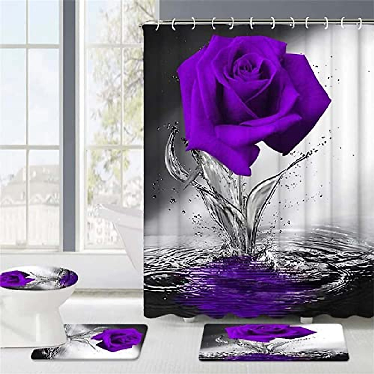 Purple Rose Bathroom Sets with Shower Curtain and Rugs Water Purple Rose Shower Curtain Set with Non-Slip Rugs,Bath Mat,Toilet Lid Cover and 12 Strong Hooks,Modern Style Shower Curtain for Bathroom