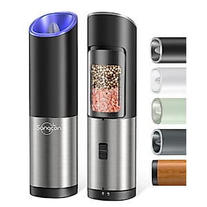 Sangcon Electric Salt and Pepper Grinder Mill Set, Safety & Gravity Switch, Battery Powered with LED Light, Adjustable Coarseness, One Hand Automatic Operated Kitchen Gadgets, Stainless Steel, 2 Pack