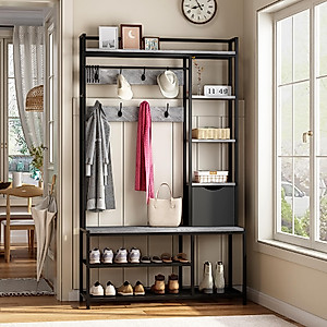 GarveeHome Hall Tree Shoe Bench With Storage, 5 In 1 Coat Rack Freestanding, Entryway Bench With Storage, Coat Rack With Shoe Storage, Hall Tree With 12 Hooks for Entryway, Hallway