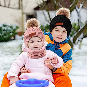 Kids Winter Beanie Hat Scarf Gloves Set for 2-6 Years Old, Toddler Winter Knit Hat Gloves Neck Warmer with Fleece Lined (pink)