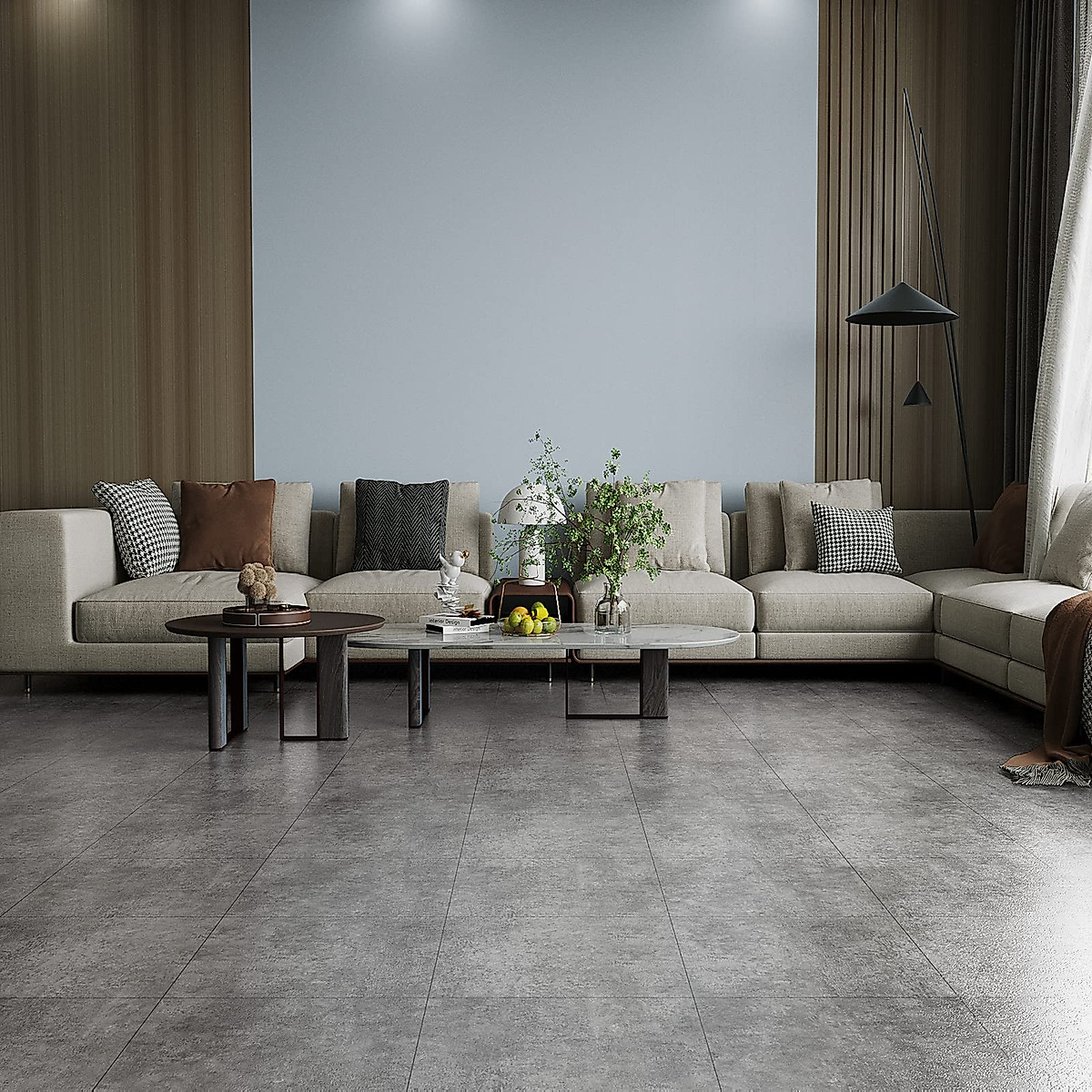 VEELIKE Peel and Stick Floor Tile 12''x12'' Distressed Grey Concrete Vinyl Flooring Waterproof Self Adhesive Removable Grey Stick on Floor Tiles for Bathroom Kitchen Bedroom Living Room 4 Tiles