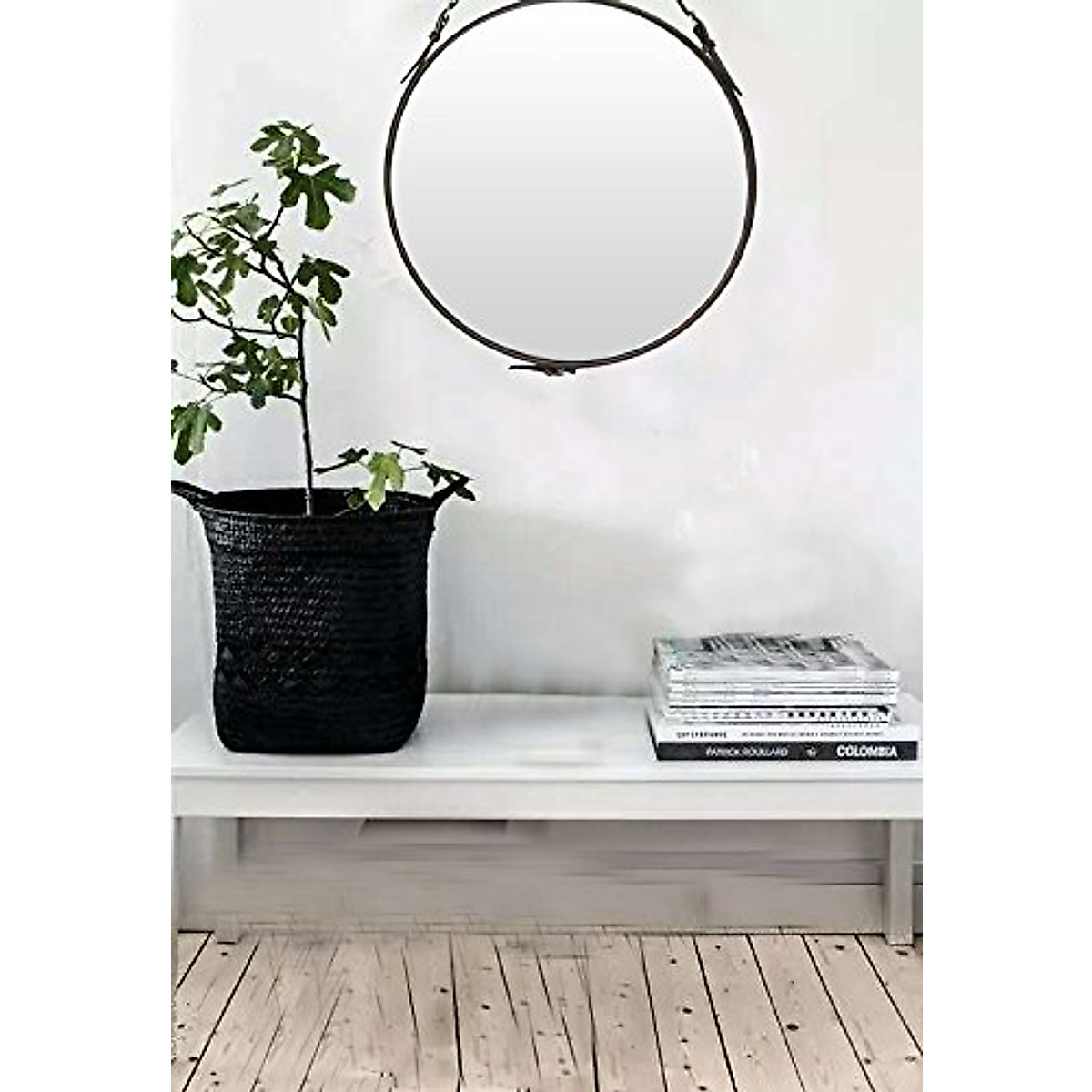 Gurfuy Round Hanging Mirror with PU Leather Strap Hanger Leather Framed Mirror for Home Decor Wall Mounted Large Circle Hanging Mirror for Entryway Bathroom Living Room Bedroom Washroom (Brown-20inch)