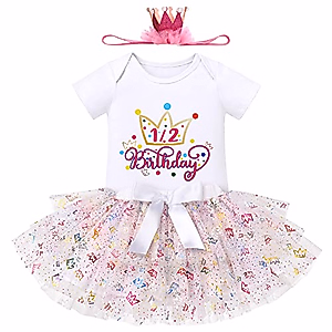 IBTOM CASTLE Baby Girl Clothes, Infant Toddler 1/2 Birthday Cake Smash Outfit Princess Romper Bodysuit +Tutu Skirts +Crown Baby Shower Newborn Photography Clothes Set Crown 9-12 Months
