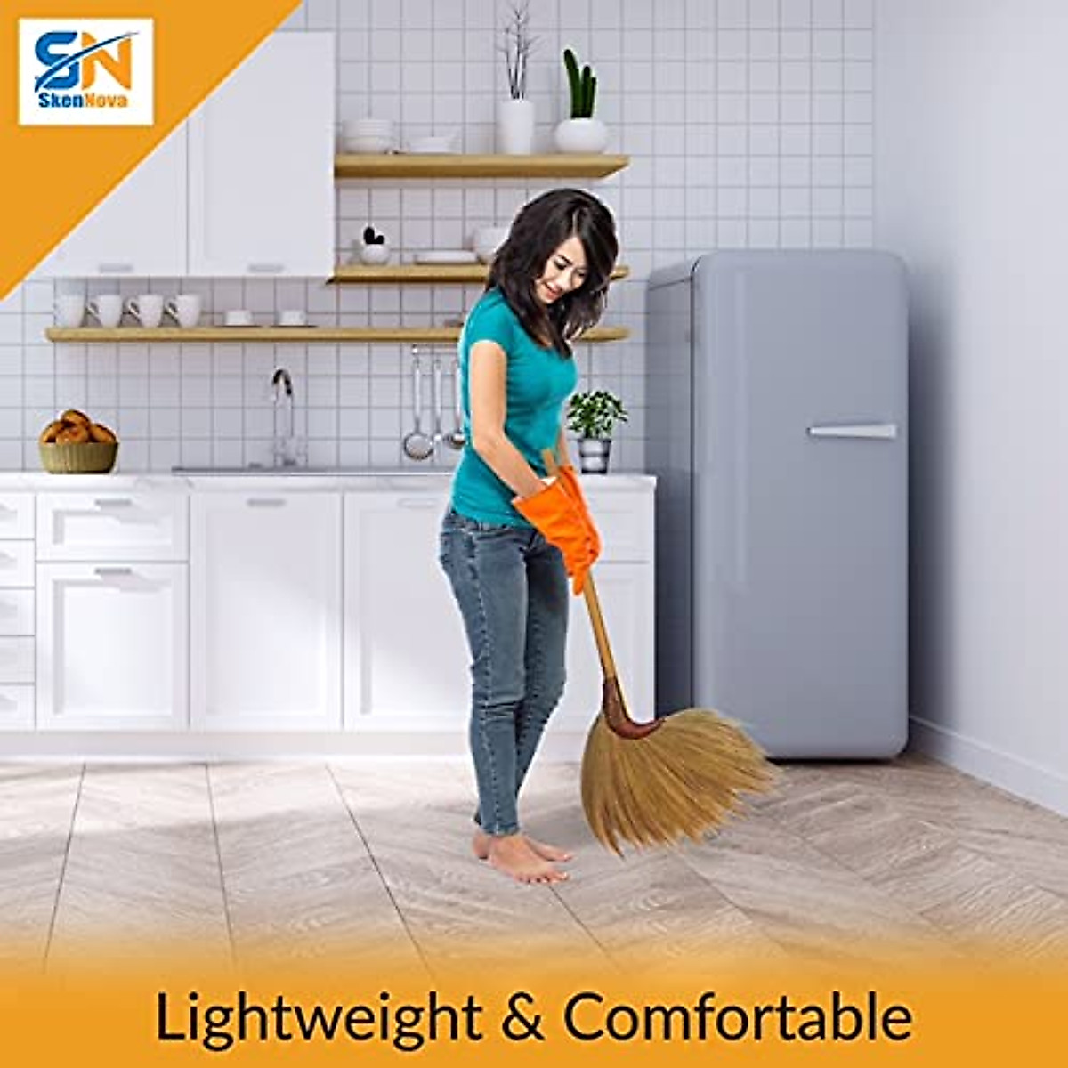 Asian Straw Broom Thai Natural Kong Grass Broom Bamboo Uca Handle for Sweeping Garbage Dust (Kong Grass)