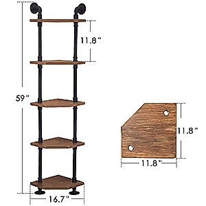 ivinta Industrial Bookcase Corner Shelf, 5 Shelf Wall Mount Pipe Bookshelf Solid Wood Shelves, Corner Standing Bookcase, Metal Display Stand