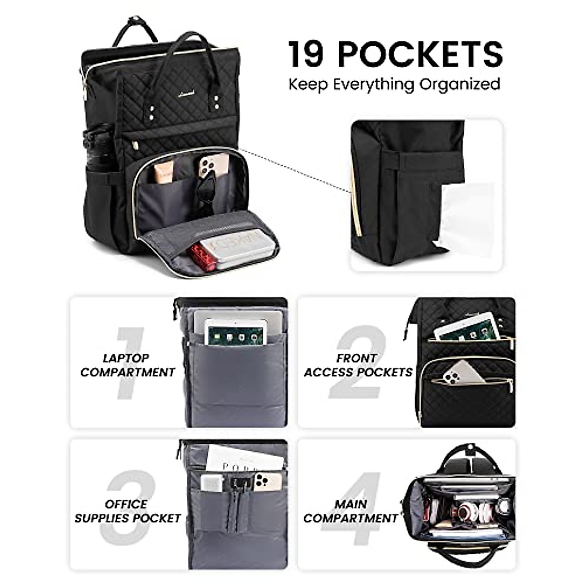 LOVEVOOK Laptop Backpack Women, Stylish Quilted Computer Backpack with USB Port for Work, Waterproof Backpack Purse fits 15.6 inch Laptop, Nurse Teacher Backpack Travel Bags, Lozenge-Black