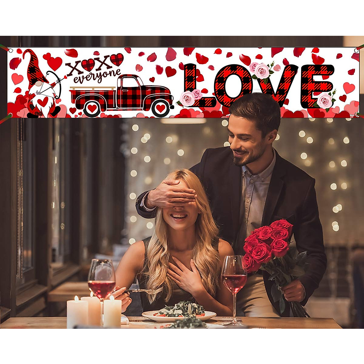 Valentine's Day Banner Yard Sign Red Buffalo Plaid Gnome Large Yard Sign Banner with XOXO Everyone Rose Heart for Valentine’s Day Outdoor and Indoor Decoration