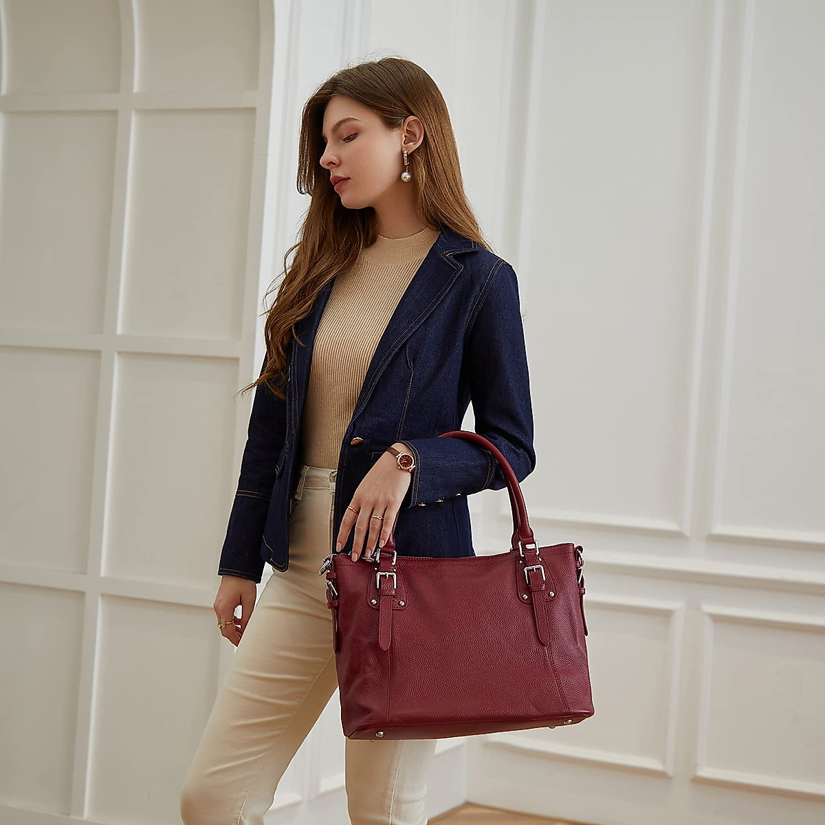 Heshe Genuine Leather Purses and Handbags for Women Tote Shoulder Bag Satchel Purse Top Handle Bags Hobo Crossbody Purse (Large,Wine)