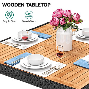 YITAHOME 5-Piece Patio Furniture Set, Outdoor Wicker Dining Conversation Set with Wooden Tabletop and Cushions, Wicker Square Dining Sets for Lawn Garden Backyard Deck