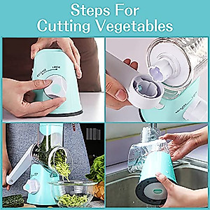 Rotary Cheese Grater with Handle for Fruit,Vegetables,Nuts, 3 In 1 Multifunctional Kitchen Square Drum Vegetable Cutter & Round Mandoline Slicer Nuts Grinder With 3 Interchangeable Blades (Blue)