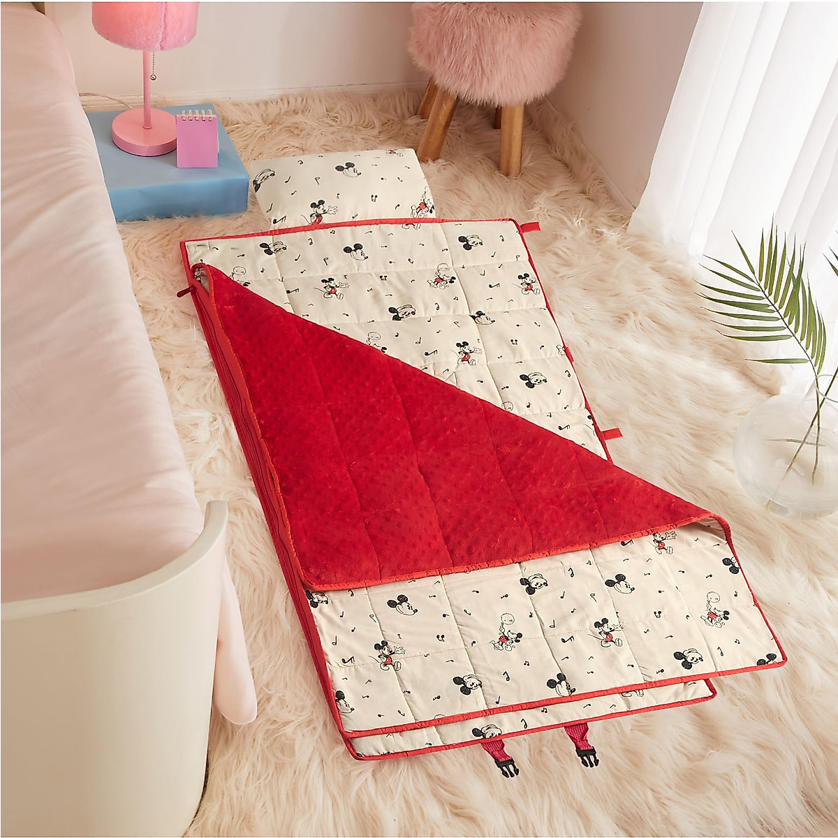 Disney Mickey Mouse 3-in-1 Travel Slumber Nap Mat with Built in Pillow, Plush Blanket and Carry Backpack Straps, 46"x26" Mat, Ages 3+