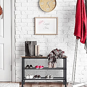 TEAKMAMA 3-Tier Shoe Bench, Shoe Rack, Shoe Shelf Storage Bench with Metal Mesh Shelves and Seat, Wood Free Standing Shoe Organizer for Entryway, Outdoor, Living Room