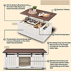 SinCiDo 48” Lift Top Coffee Table, Coffee Table with Storage & Sliding Groove Barn Door, Farmhouse Coffee Table Rustic Wood Cocktail Table w/Double Storage Spaces for Living Room, White