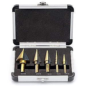 Segomo Tools 5 Piece SAE Multiple Hole 50 Sizes HSS Step Drill Bit Set with Aluminum Case | Stepped Drill Bit | Cone Drill Bit | Step Bit Set | Multiple Hole Drill Bit | Drill Step Bit - SDS5SAE