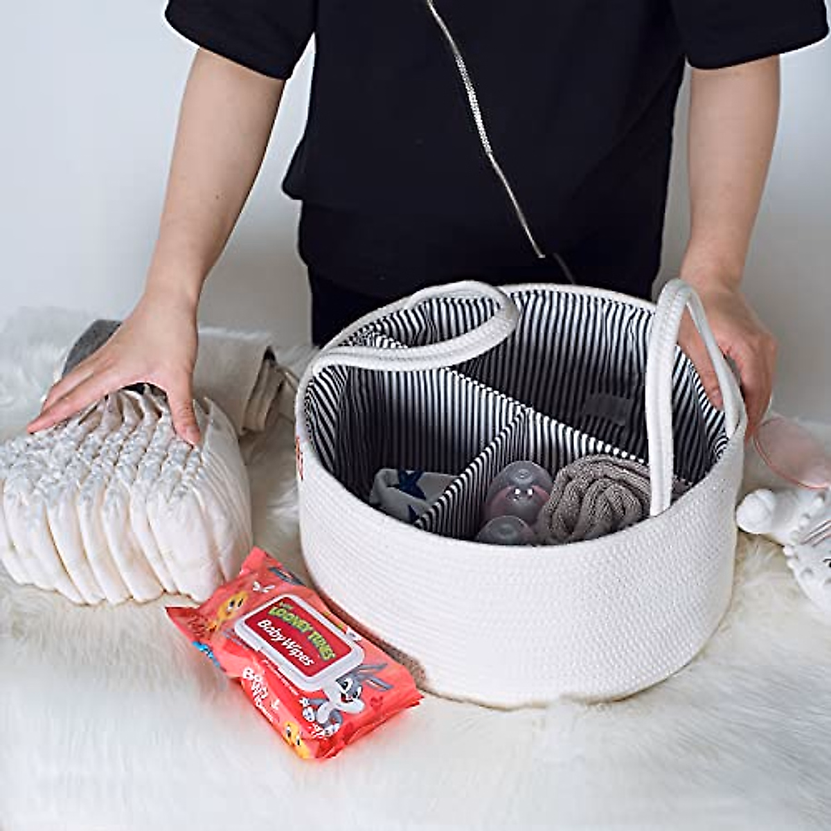 Large Baby Diaper Caddy Organizer 15"X7.4" Round Hanging Nursery Storage Bin Portable Changing Table/Car Travel Tote Bag Removable Inserts Newborn Registry Boy Girl Shower Rope Basket