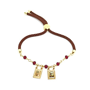 LESLIE BOULES Scapular Bracelet with Crystal Beads & Brown Satin Cord Adjustable