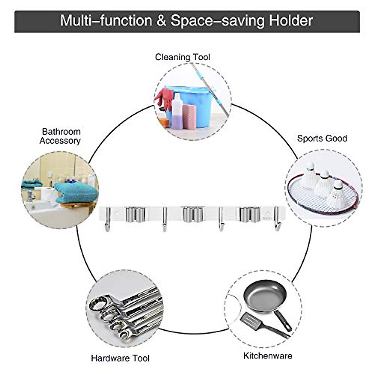 POPRUN Broom Mop Holder Wall Mount Stainless Steel Garden Tool Hanger Garage Organizer Home Kitchen Laundry Storage, 3 Racks 4 Hooks, Grey