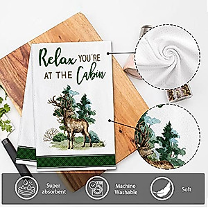 Hexagram Cabin Decor, Cabin Kitchen Towels Set of 4, Farmhouse Bear Deer Tea Towels, Log Cabin Decor, Rustic Decorative Hand Towels for Kitchen, New Home Housewarming Gifts