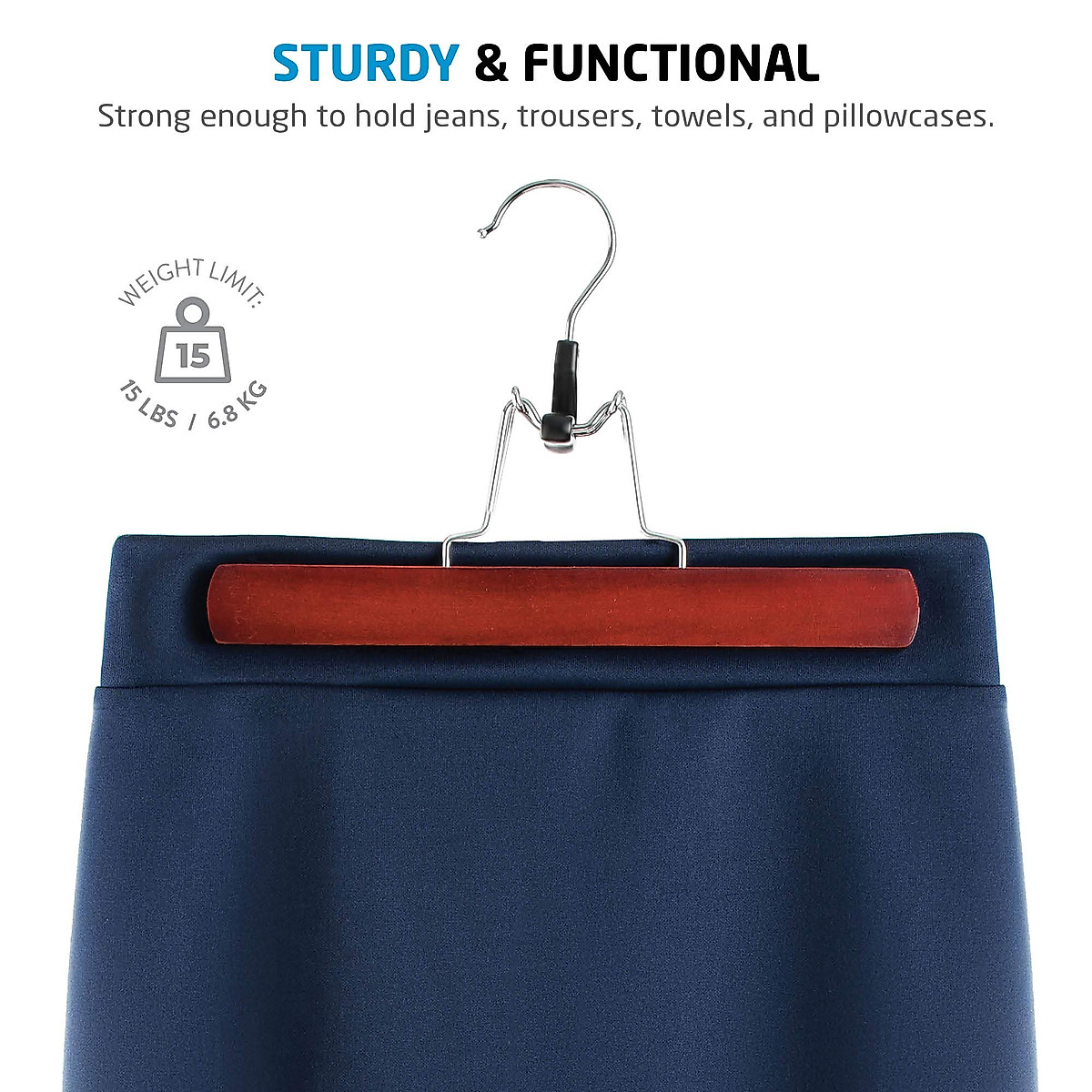 ZOBER High-Grade Wooden Pants Hangers with Clips, 10 Pack, Non-Slip, Space Saver, Rotatable 360 Hook, Smooth Cherry Wood Finish