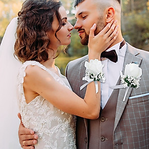 Febou Wrist Corsage 4 Packs Wedding Bridal Wrist Flower Rose Wristband Corsage Flower for Bride Bridesmaid Perfect for Wedding, Prom, Party (4 Packs, Wrist-White)