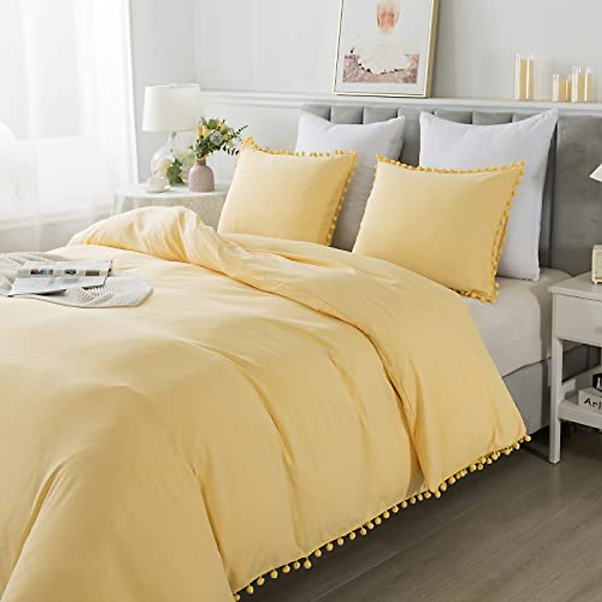 Caressma Pom Pom Fringe Boho Duvet Cover Set Queen Size, Soft Washed Microfiber 3pcs Bedding Duvet Cover, All Season Yellow Comforter Cover Set with Zipper Closure (1 Duvet Cover+2 Pillowcases)