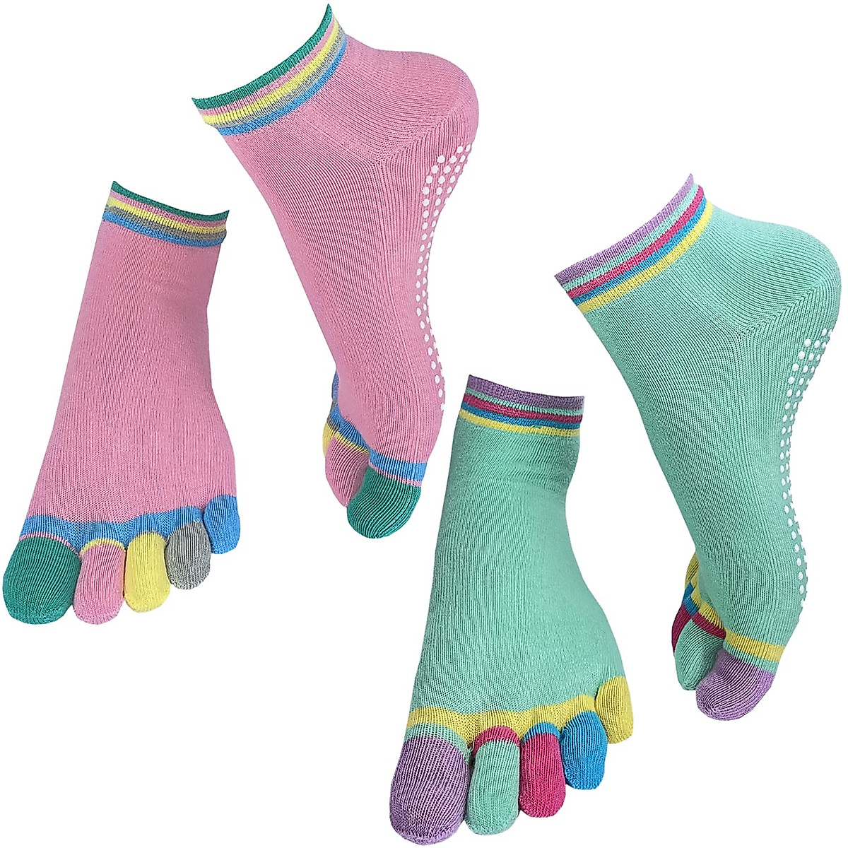 FOX-TECH 2 Pairs Yoga Socks for Women with Grips, Pilates Socks, Barre Socks,Women's Non-Slip Grip Toe Socks (Pink/Mint Green)