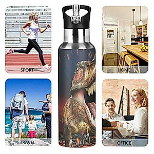 Dinosaur 3D T-Rex Water Bottle with Straw Lid Thermos Kids Insulated Stainless Steel Water Flask Sports, 20 Oz Hot Cold