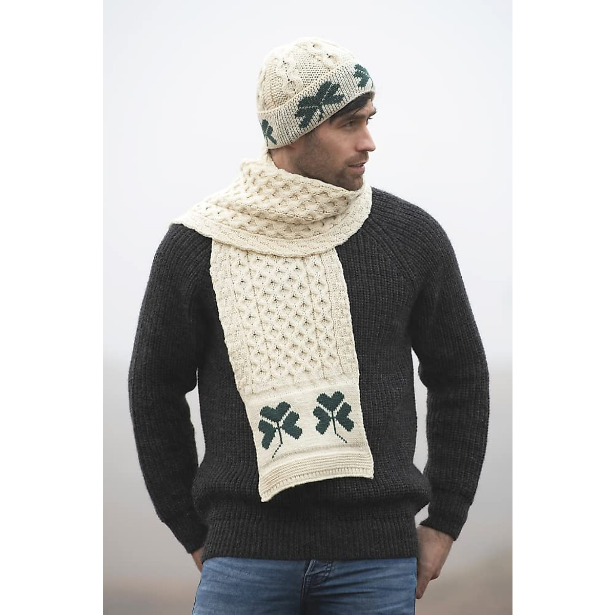 Aran Crafts Irish Shamrock Soft Cable Knitted Scarf 9"x60" (100% Merino Wool)