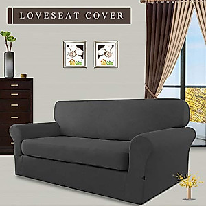 Easy-Going 2 Pieces Microfiber Stretch Sofa Slipcover – Spandex Soft Fitted Sofa Couch Cover, Washable Furniture Protector with Elastic Bottom Kids, Pet (Loveseat, Dark Gray