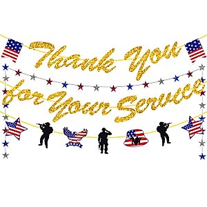 Veterans Day Banner, Veterans Day Decorations Thank You for Your Service Banner, Memorial Day Patriotic Party Military Decorations, Glitter Thankful Banner Garland Backdrop Patriotic Party Supplies