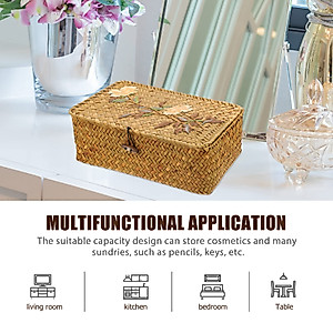 Zerodeko Seagrass Rattan Storage Basket Weaving Storage Box Wicker Basket Embroidery Pattern Storage Box Rectangular Makeup Organizer Container with Lid Shelf Baskets M