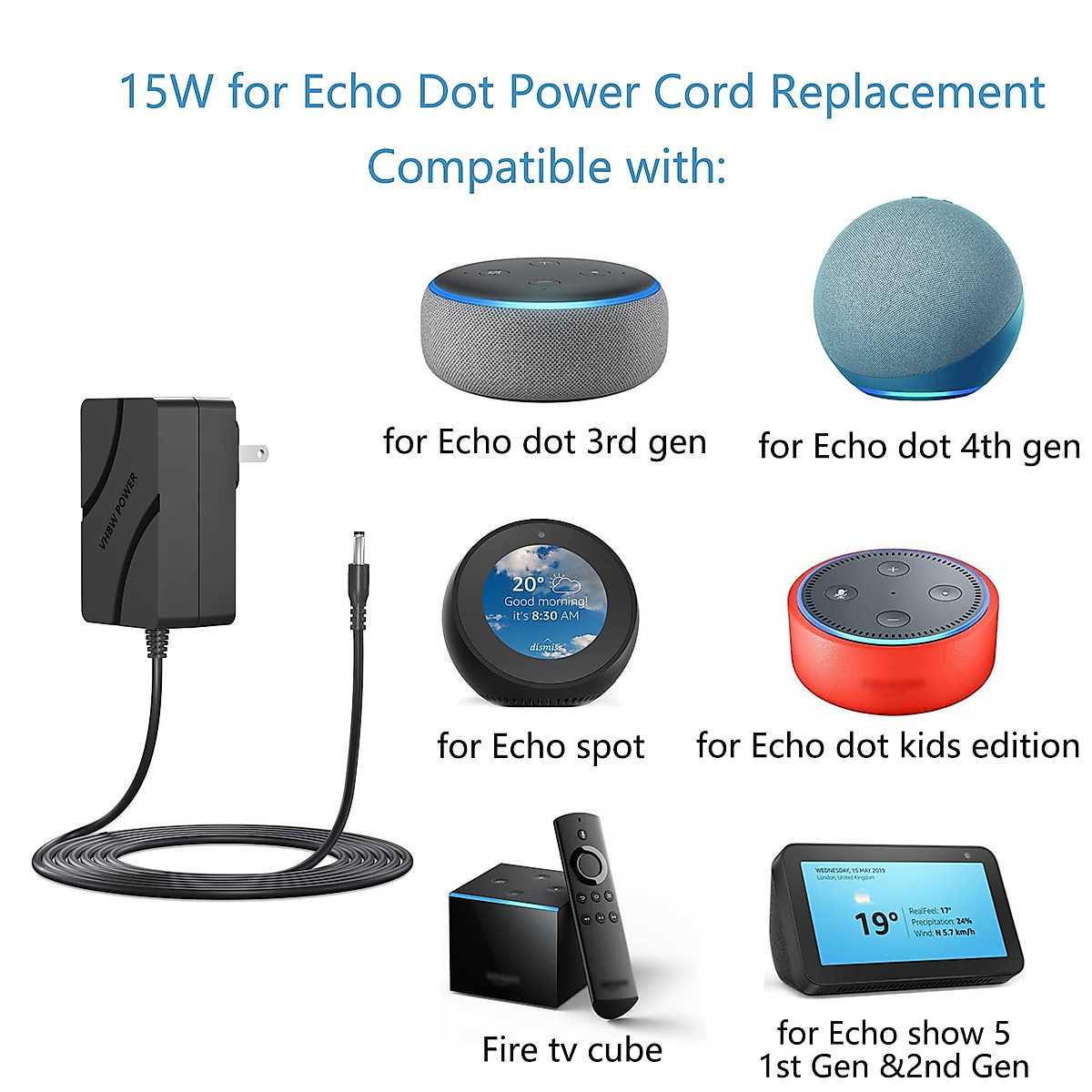 VHBW 15W Replacement for Alexa Echo Cord for Echo Dot Charger for Echo Dot 3rd & 4th Gen, Echo Show 5, Dot 3rd & 4th Gen with Clock, Dot Kids Edition, Spot, Fire TV Cube Power Cord