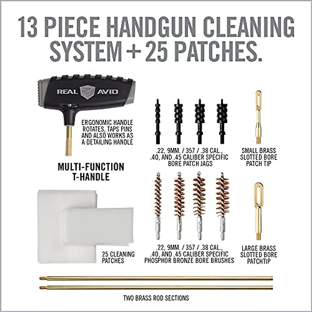 Real Avid PRO Handgun Cleaning Kit | Premium Pistol Cleaning Kit with Brass Cleaning Rod, Bore Brushes, Gun Cleaning Jags & Gun Cleaning Patches | For .22 .357 9MM .38 .40 .44 & .45 Caliber Handguns